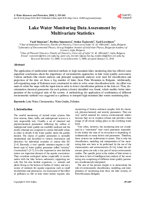 (PDF) Lake Water Monitoring Data Assessment by Multivariate Statistics