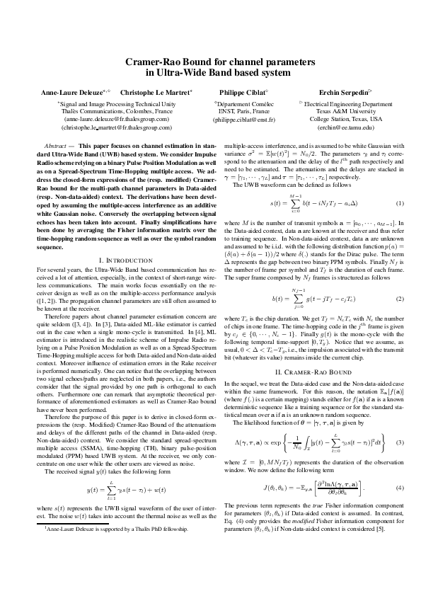 (PDF) Cramer-Rao bound for channel parameters in ultra-wide band based system
