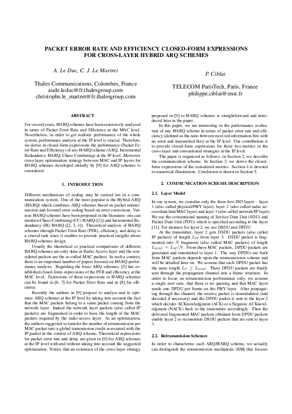 Pdf Packet Error Rate And Efficiency Closed Form Expressions For Cross Layer Hybrid Arq Schemes
