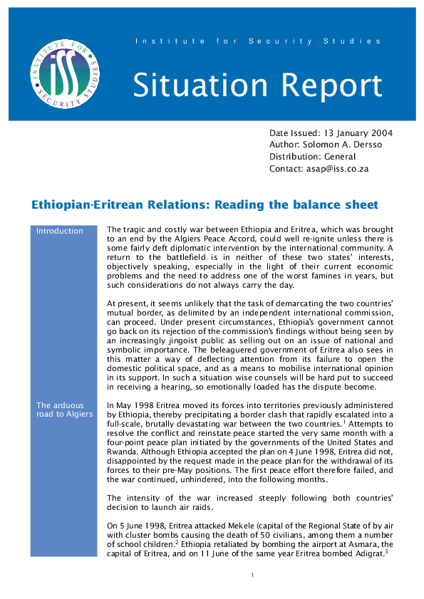 (PDF) Ethiopian-Eritrean Relations: Reading the Balance Sheet