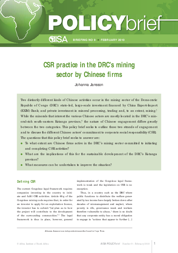 (PDF) CSR Practice in the DRC's Mining Sector by Chinese Firms