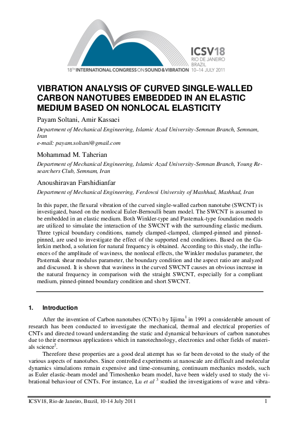 (PDF) VIBRATION ANALYSIS OF CURVED SINGLE-WALLED CARBON NANOTUBES EMBEDDED IN AN ELASTIC MEDIUM ...