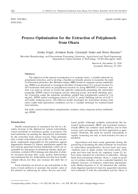 (PDF) Process Optimization for the Extraction of Polyphenols from Okara