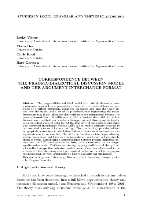 Pdf Correspondence Between The Pragma Dialectical Discussion Model And The Argument