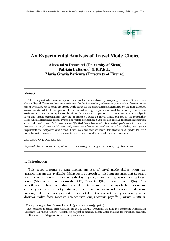 (PDF) An Experimental Analysis of Travel Mode Choice