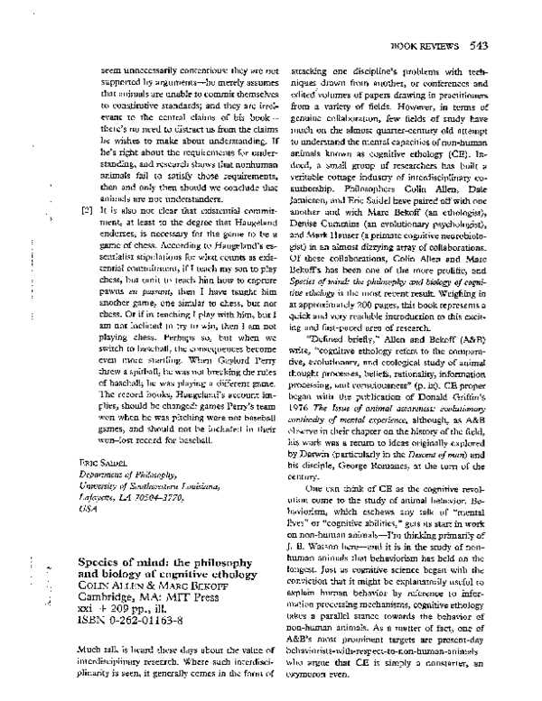 (PDF) Species of mind: The philosophy and biology of cognitive ethology