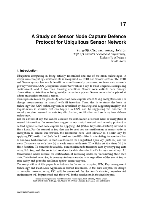 (PDF) A study on sensor node capture defense protocol for Ubiquitous Sensor Network