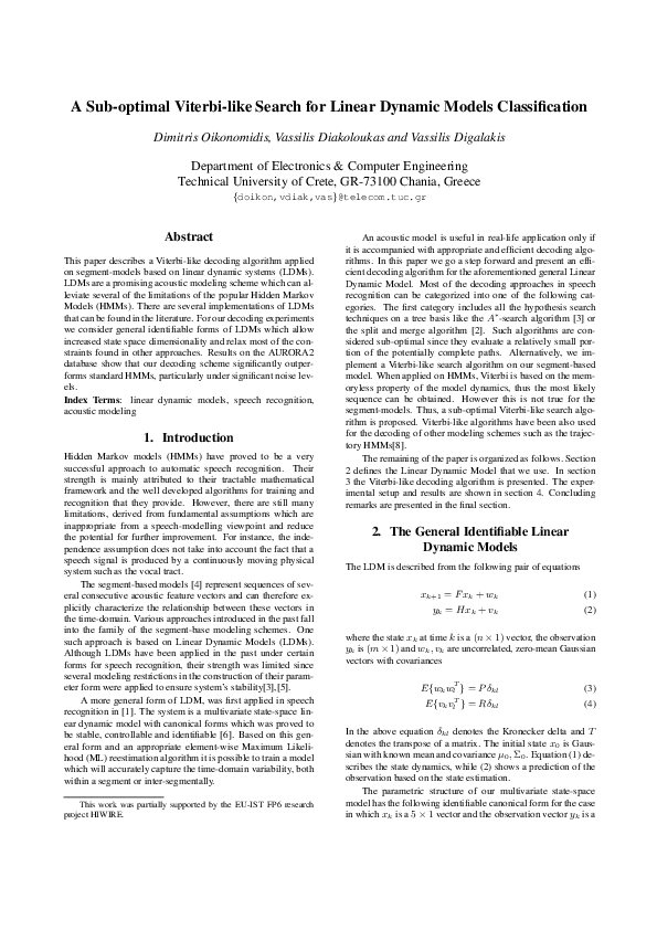 Pdf A Sub Optimal Viterbi Like Search For Linear Dynamic Models Classification