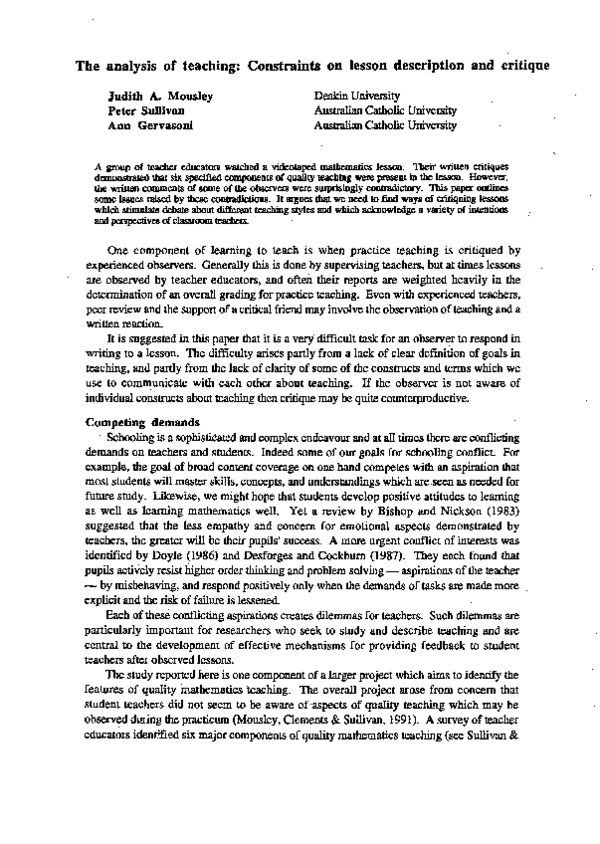(PDF) The analysis of teaching: Constraints on lesson description and ...