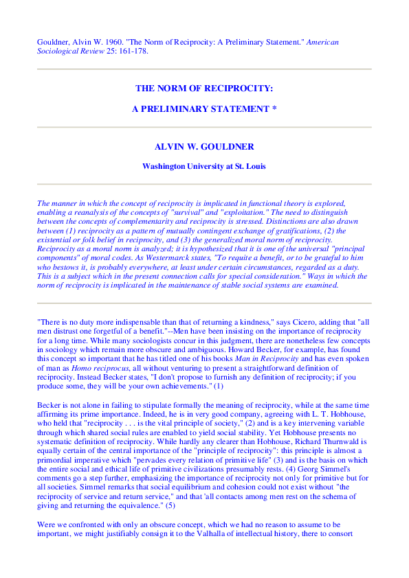 (PDF) The norm of reciprocity: A preliminary statement