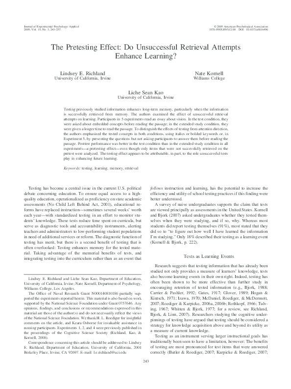(PDF) The pretesting effect: Do unsuccessful retrieval attempts enhance ...