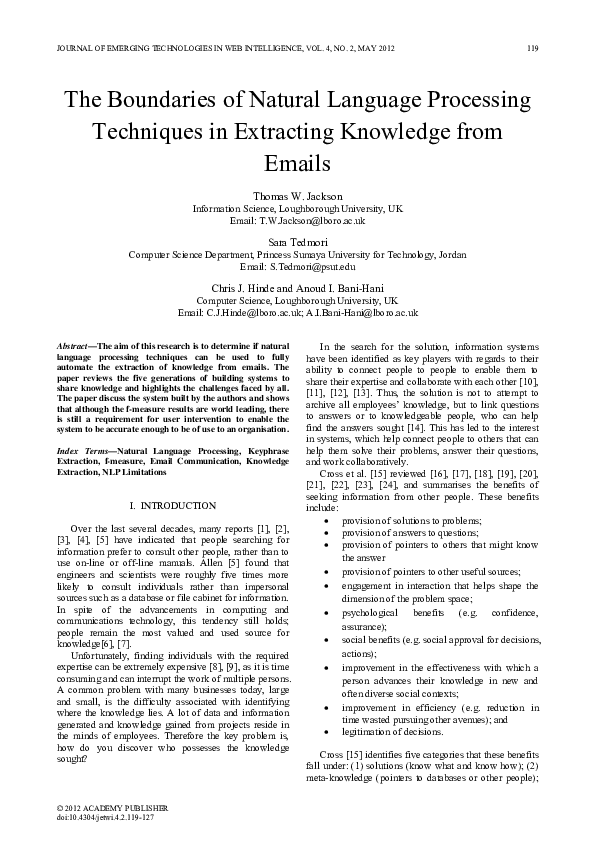 (PDF) The Boundaries of Natural Language Processing Techniques in Extracting Knowledge from Emails