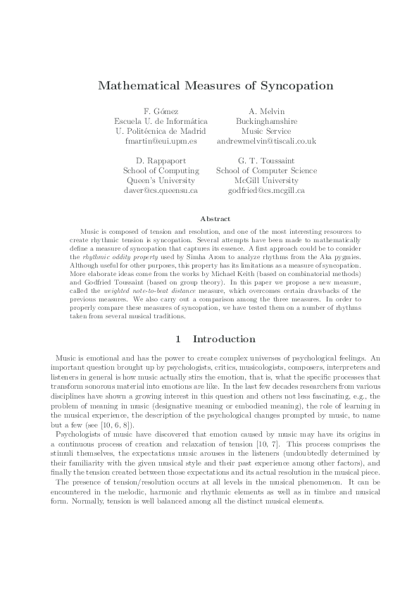 (PDF) Mathematical measures of syncopation