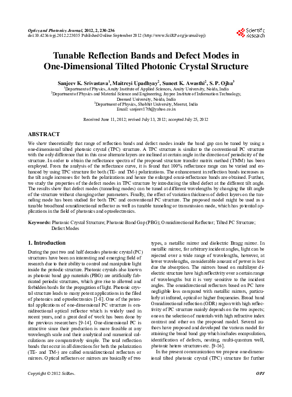 (PDF) Tunable Reflection Bands and Defect Modes in One-Dimensional Tilted Photonic Crystal Structure