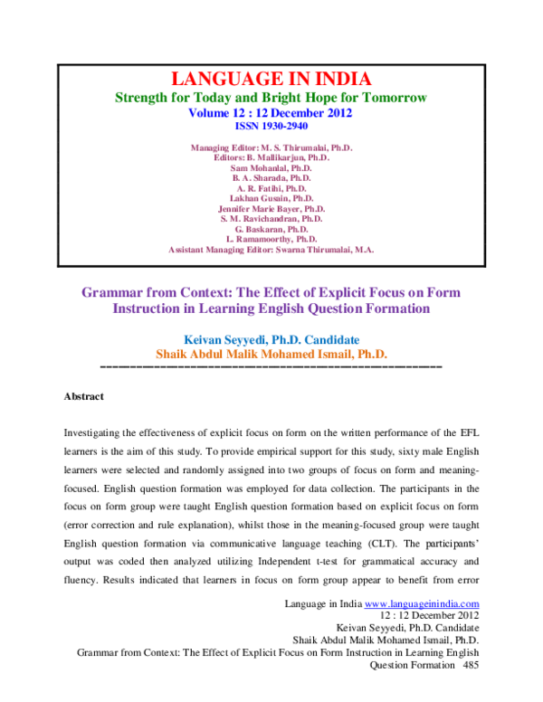 Pdf Grammar From Context The Effect Of Explicit Focus On Forminstruction In Learning English