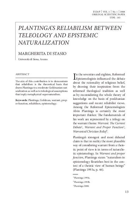 (PDF) Plantinga's Reliabilism between Teleology and Epistemic ...
