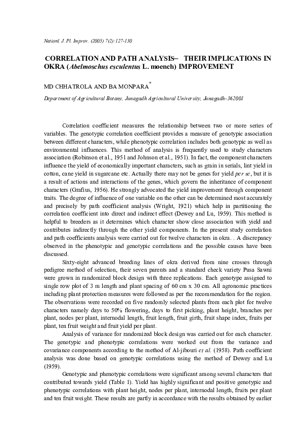 (DOC) CORRELATION AND PATH ANALYSIS THEIR IMPLICATIONS IN OKRA (Abelmoschus esculentus L. moench ...