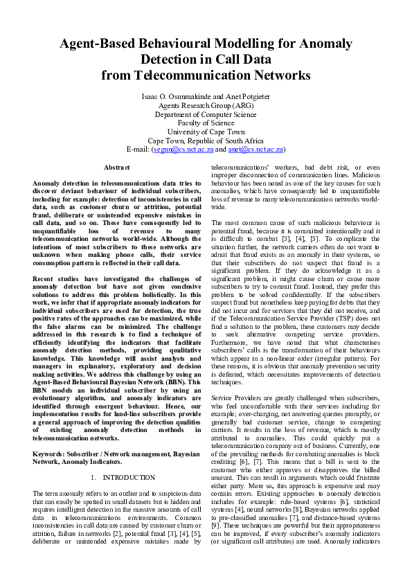 (PDF) Agent-Based Behavioural Modelling for Anomaly Detection in Call Data from ...