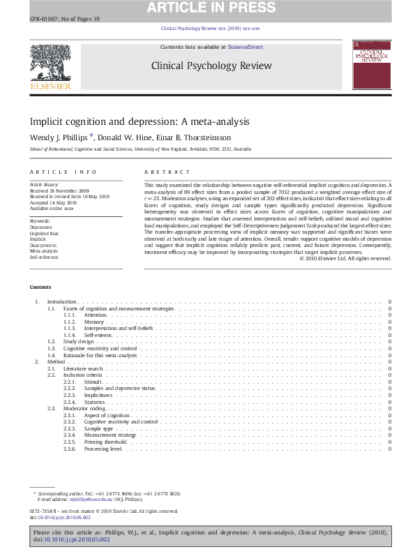 (PDF) Implicit cognition and depression: A meta-analysis