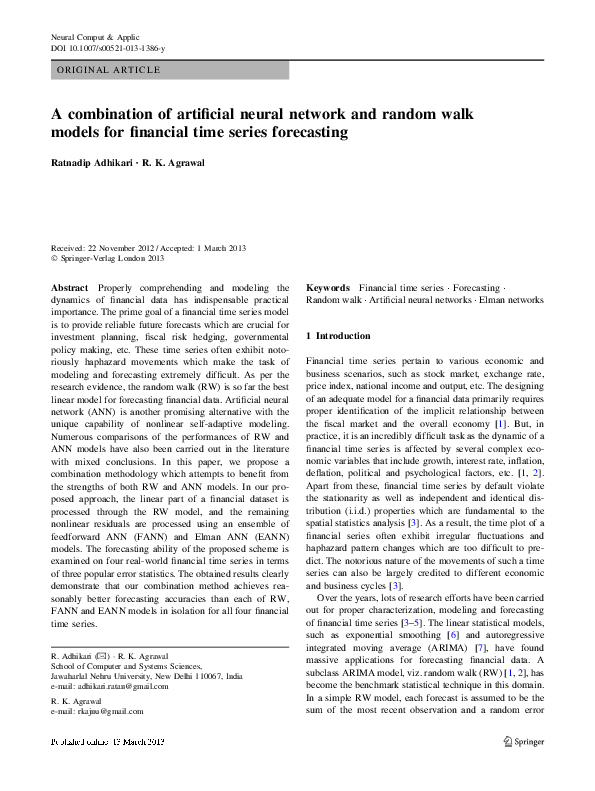 Pdf A Combination Of Artiﬁcial Neural Network And Random Walk Models For ﬁnancial Time Series