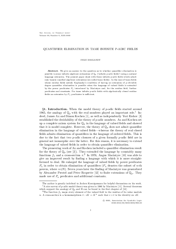 Pdf Quantifier Elimination In Tame Infinite P Adic Fields