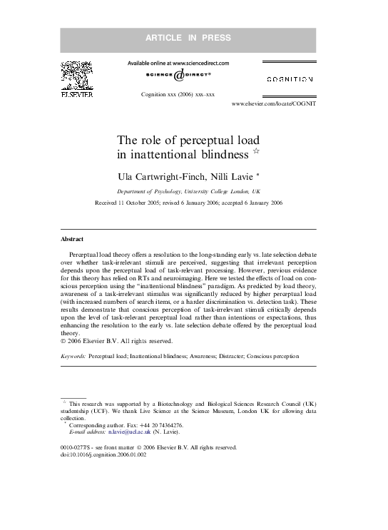 (PDF) The role of perceptual load in inattentional blindness