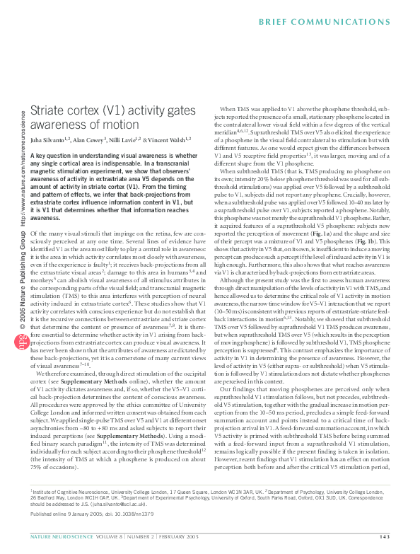Pdf Striate Cortex V1 Activity Gates Awareness Of Motion Nilli