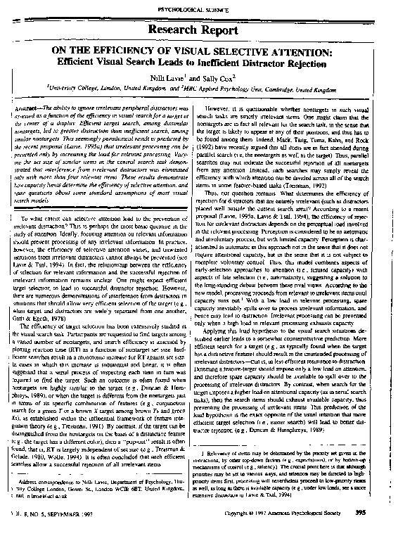 Pdf On The Efficiency Of Visual Selective Attention Efficient Visual