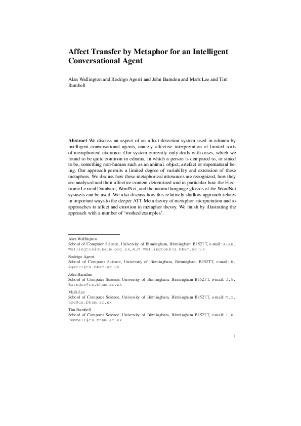 Pdf Affect Transfer By Metaphor For An Intelligent Conversational Agent
