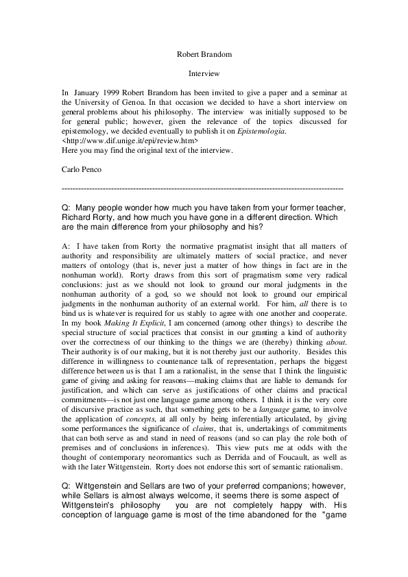 (PDF) Robert Brandom Interview In January 1999