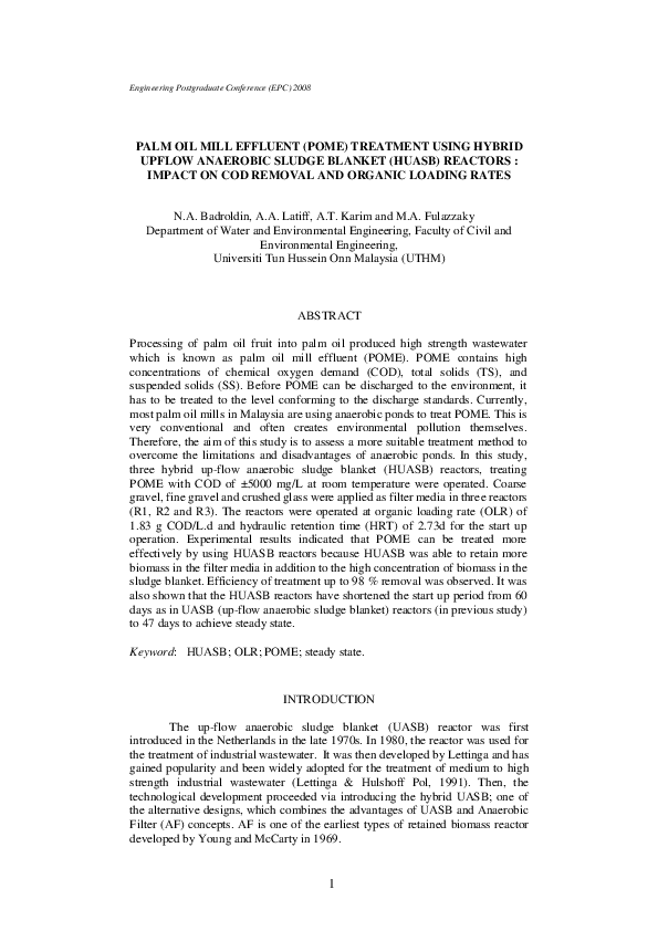 (PDF) Palm oil mill effluent (pome) treatment using hybrid upflow ...