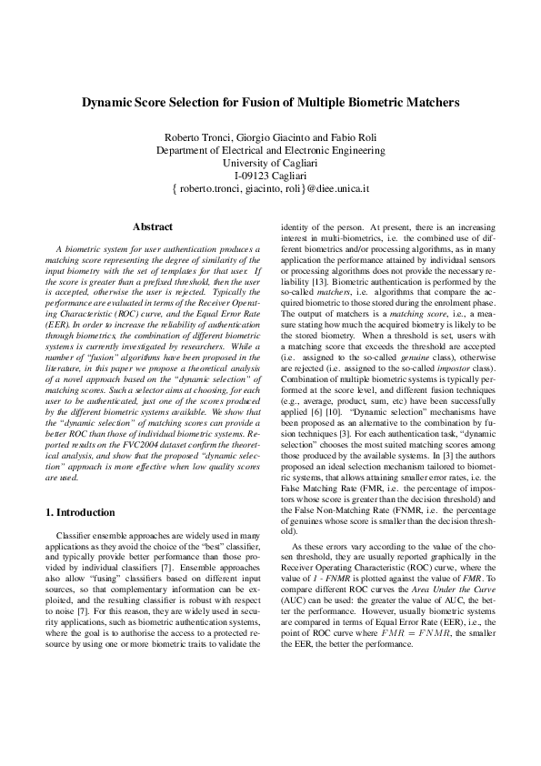 (PDF) Dynamic score selection for fusion of multiple biometric matchers