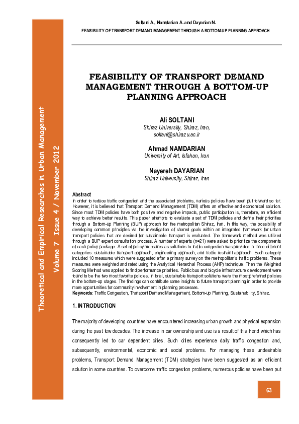 (PDF) FEASIBILITY OF TRANSPORT DEMAND MANAGEMENT THROUGH A BOTTOM-UP ...