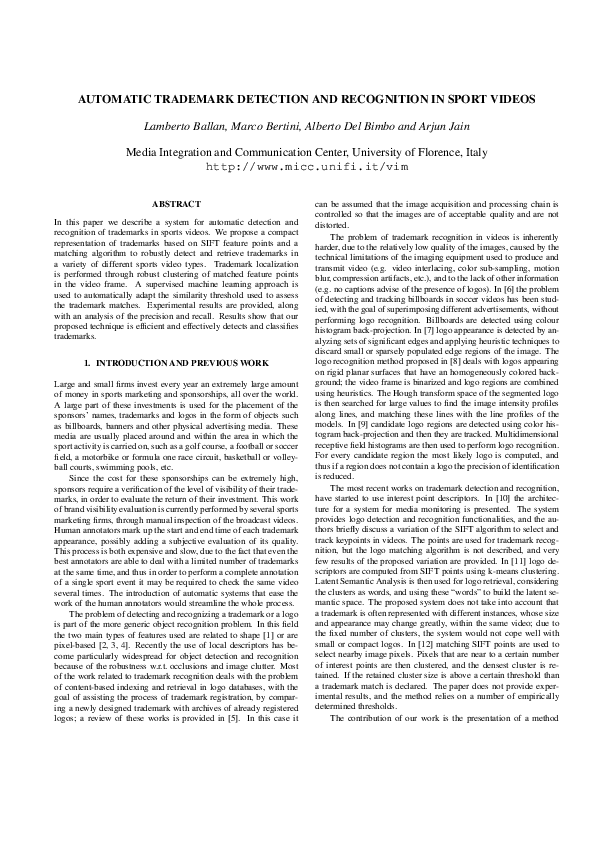 (PDF) Automatic trademark detection and recognition in sport videos