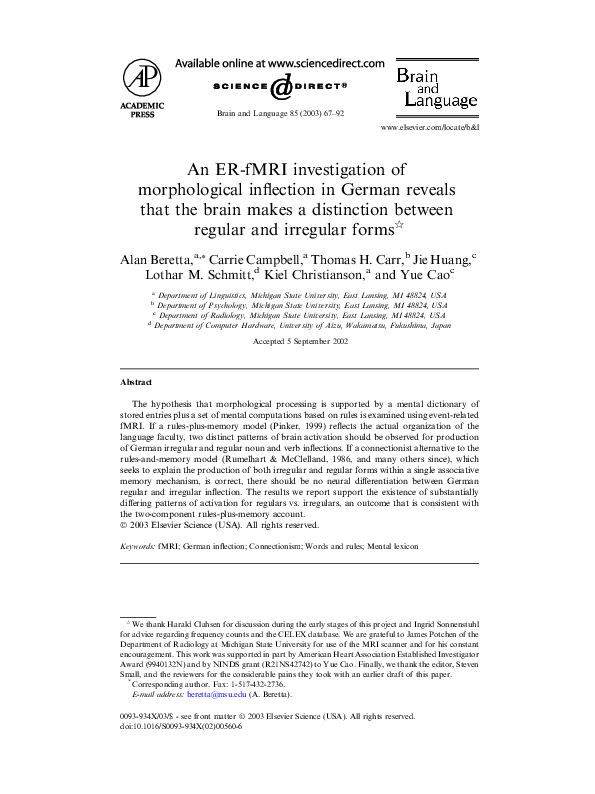 (PDF) An ER-fMRI investigation of morphological inflection in German ...