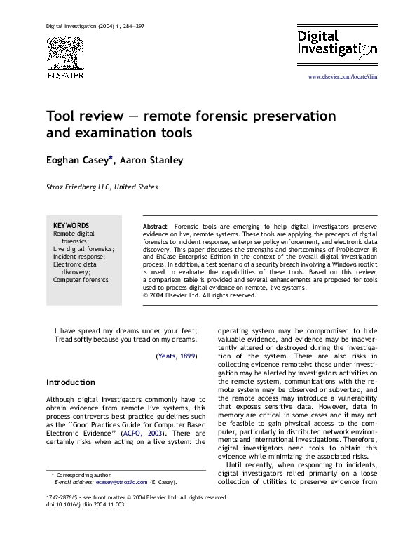 (PDF) Tool review - remote forensic preservation and examination tools