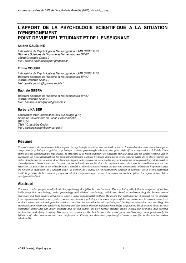 (PDF) L'APPORT DE LA PSYCHOLOGIE SCIENTIFIQUE A LA SITUATION D'ENSEIGNEMENT POINT DE VUE DE L ...