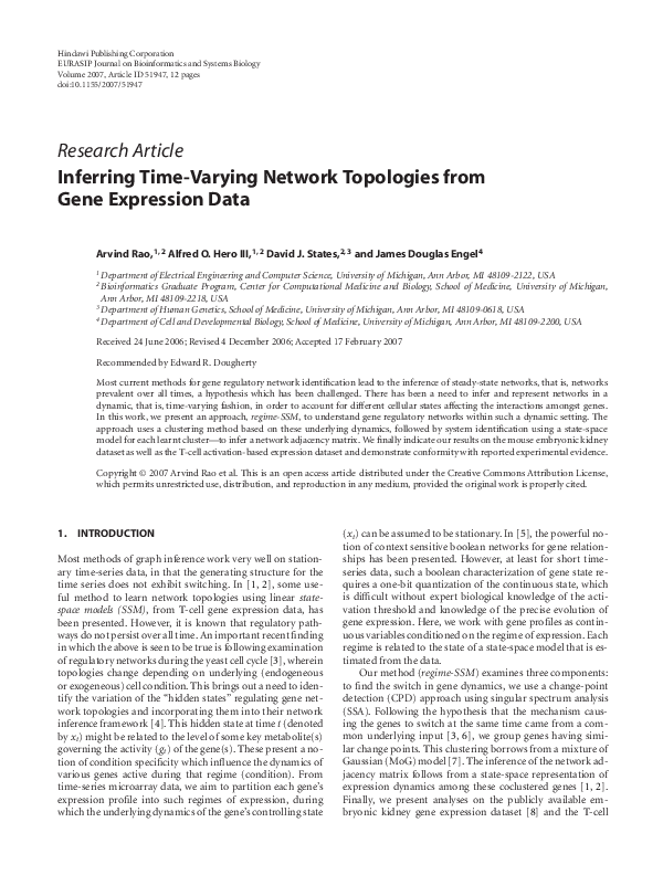 Pdf Inferring Time Varying Network Topologies From Gene Expression Data Alfred O Hero