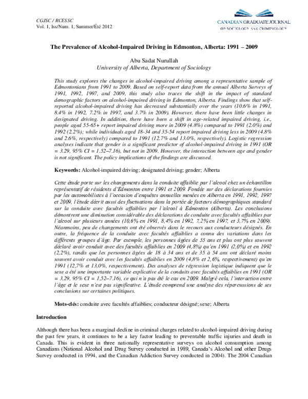 (PDF) The Prevalence of Alcohol-Impaired Driving in Edmonton, Alberta: 1991-2009