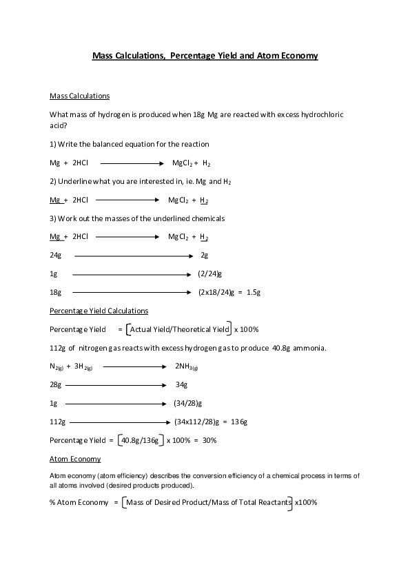 (PDF) Mass calculations Percentage Yield and Atom Economy