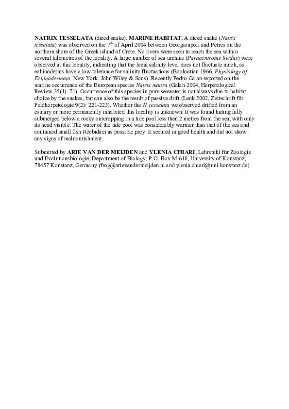 (PDF) NATRIX TESSELATA (diced snake). MARINE HABITAT. A diced snake (Natrix