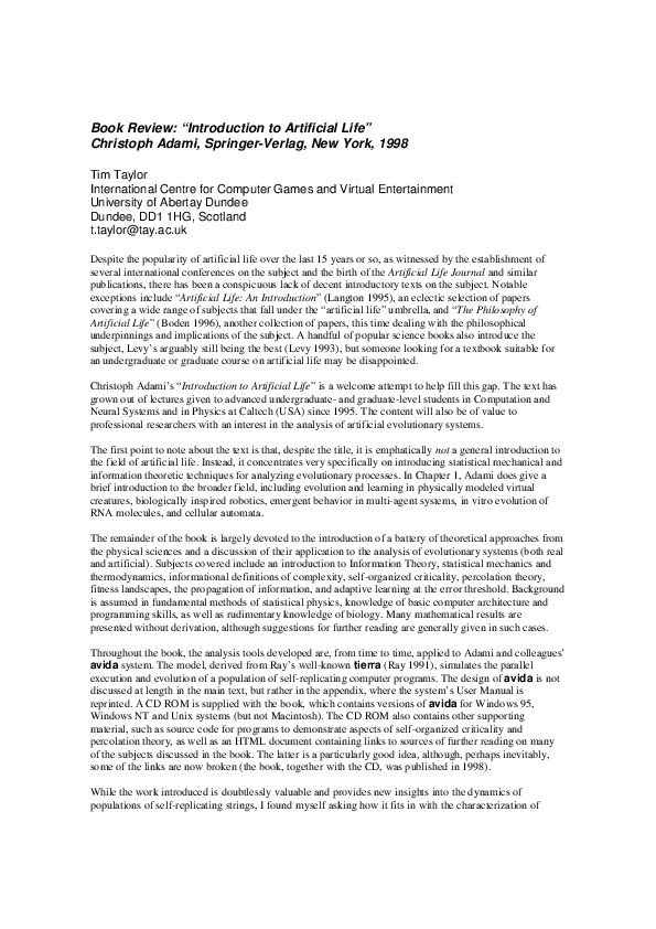 (PDF) Christoph Adami, Introduction to Artificial Life (Book Review