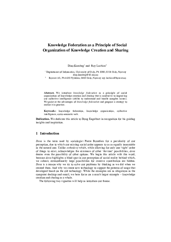 (PDF) Knowledge Federation as a Principle of Social Organization of Knowledge Creation and Sharing