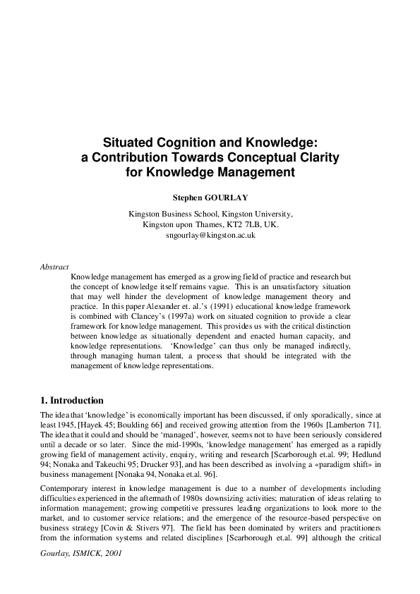 (PDF) Situated cognition and knowledge: a contribution towards conceptual clarity for knowledge ...