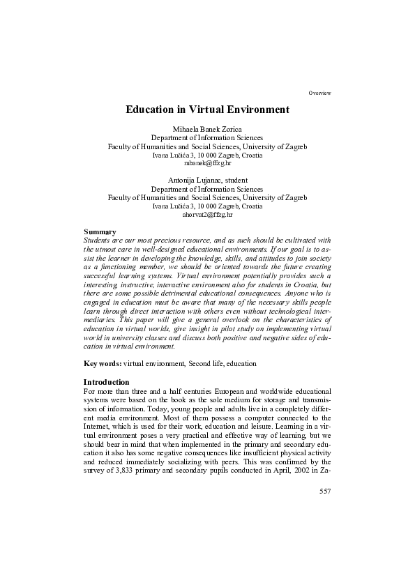 (PDF) Education in Virtual Environment