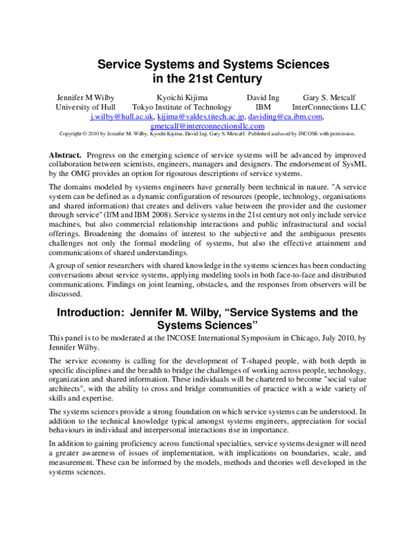 (PDF) Service Systems and Systems Sciences in the 21st Century