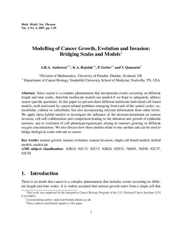 (PDF) Modelling of Cancer Growth, Evolution and Invasion: Bridging ...