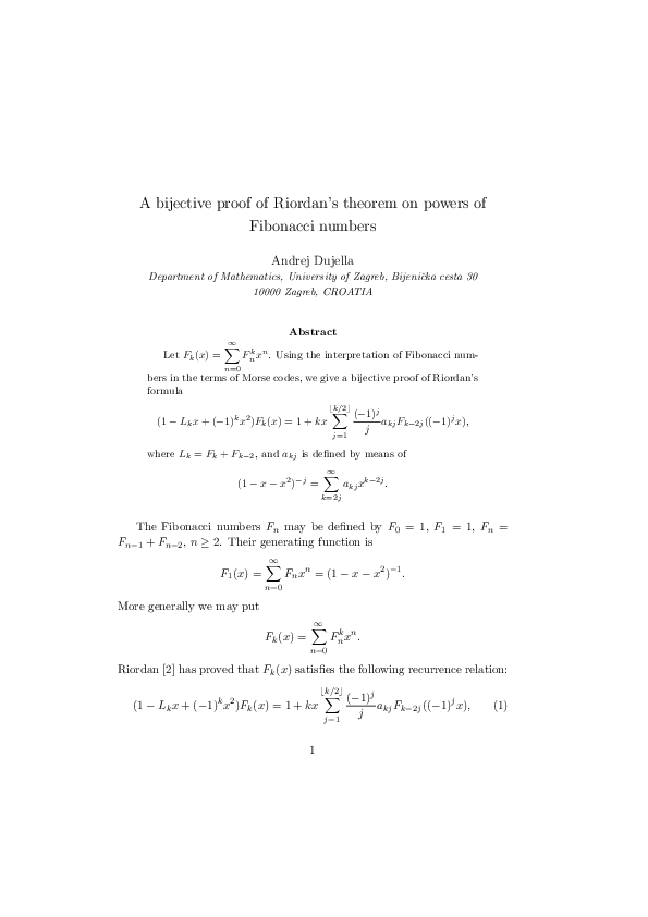 (PDF) A bijective proof of Riordan's theorem on powers of Fibonacci numbers