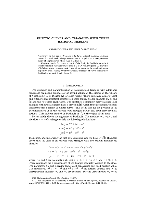 (PDF) ELLIPTIC CURVES AND TRIANGLES WITH THREE RATIONAL MEDIANS