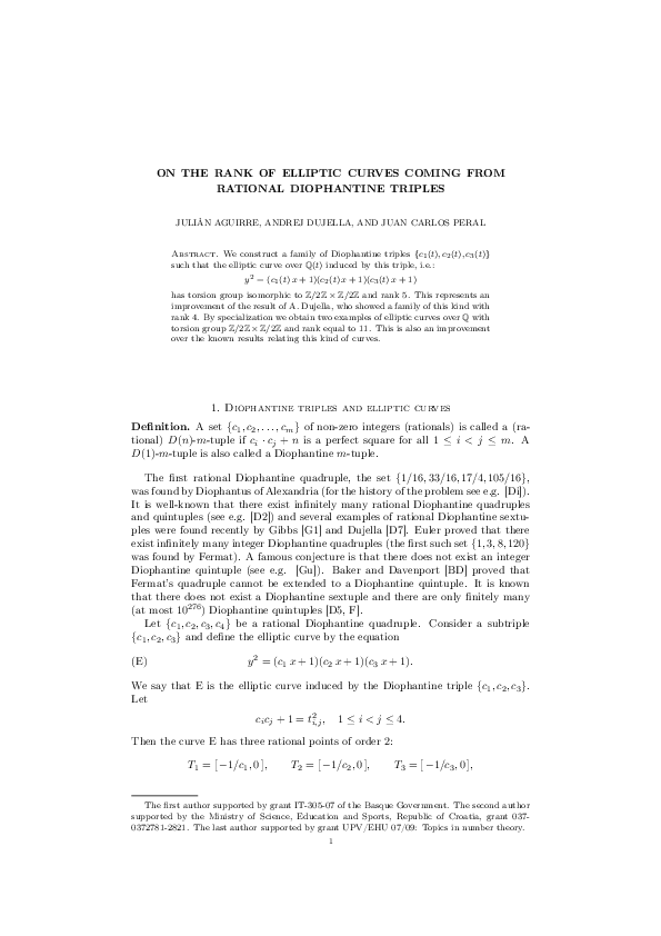 Pdf On The Rank Of Elliptic Curves Coming From Rational Diophantine